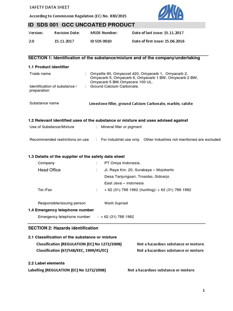 2.c MSDS KAPTAN CaCo3 (Kapur) - Compressed | PDF | Nature | Chemistry