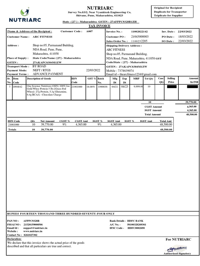 Nutriarc: Tax Invoice | PDF | Trade | Taxation