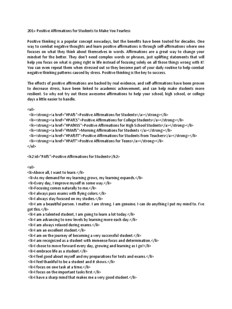 Positive Affirmations for Students | PDF | Test (Assessment) | Thought