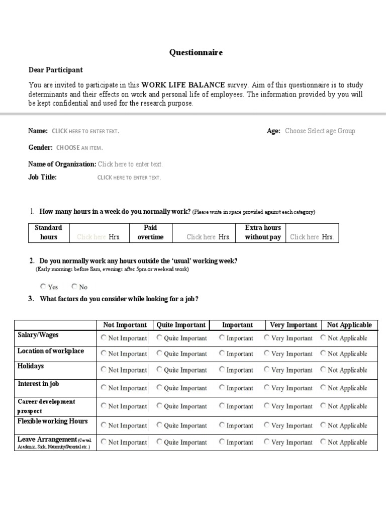 Work Life Balance Questionnaire | PDF | Salary | Working Time