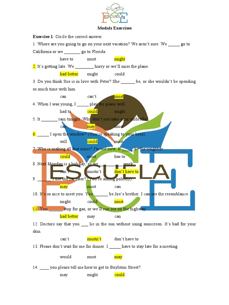 Modals Exercises Exercise 1: Circle The Correct Answer | PDF