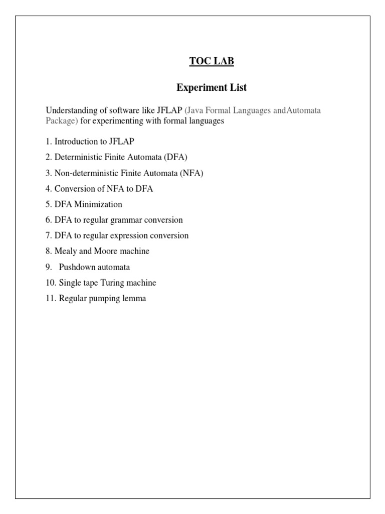 Toc Lab Experiment List: (Java Formal Languages and Automata Package) | PDF | Formal Methods ...