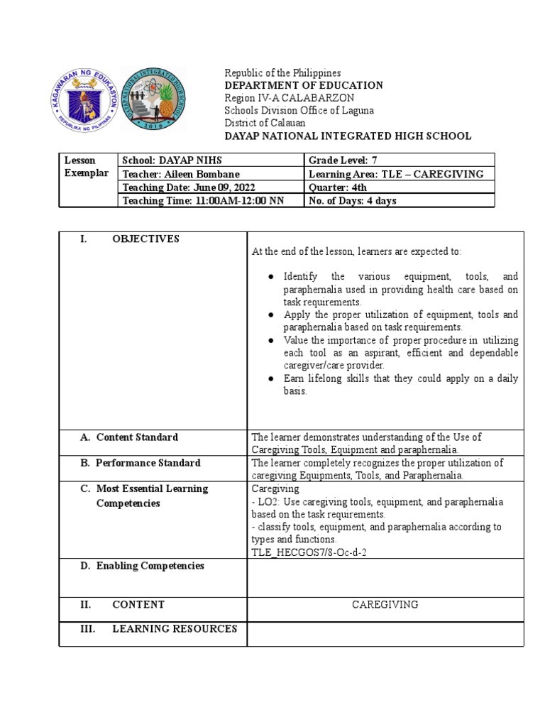 Lesson Exemplar - TLE-Q4-W2 | PDF | Learning | Caregiver