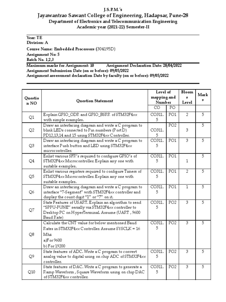 Unit - 5 - QB - Assignment - Real World Interfacing With Cortex M4 Based Microcontroller ...