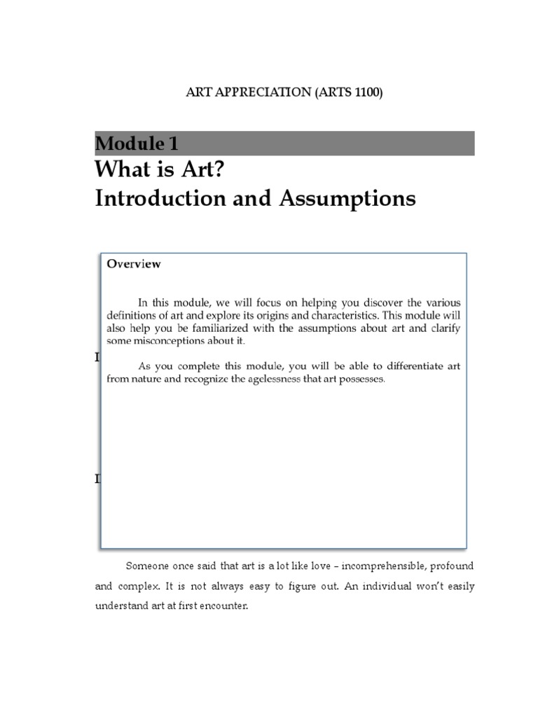 ARTS 1100 Module 1 What Is Art Introduction and Assumptions | PDF | Experience | Creativity