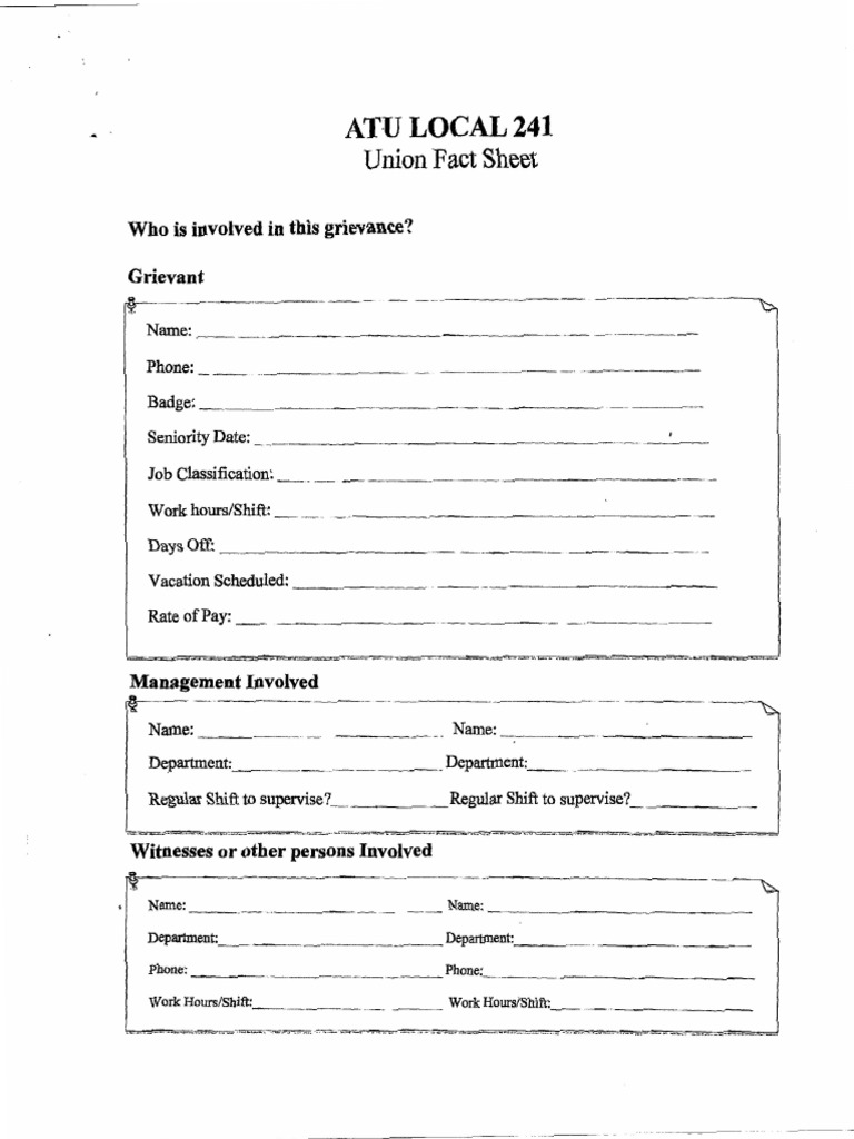 Local 241 Grievance Fact Sheet (Worksheet) | PDF