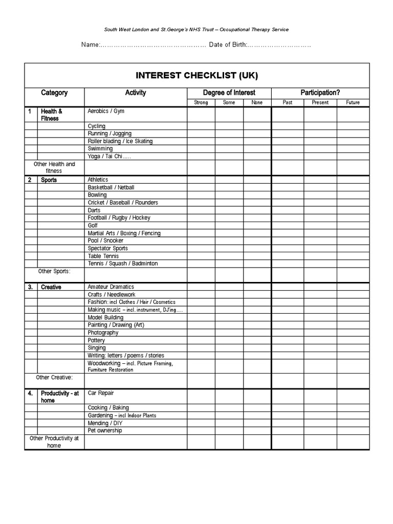 Occupational Therapy Interest Checklist | PDF | Leisure | Sports