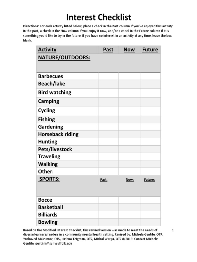 Modified Interest Checklist - Diverse Learners | PDF | Leisure | Hobbies