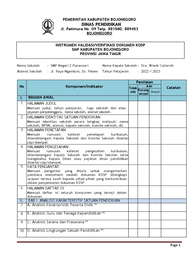 Instrumen Validasi KOSP Kurmer 2022 SMP Ok | PDF