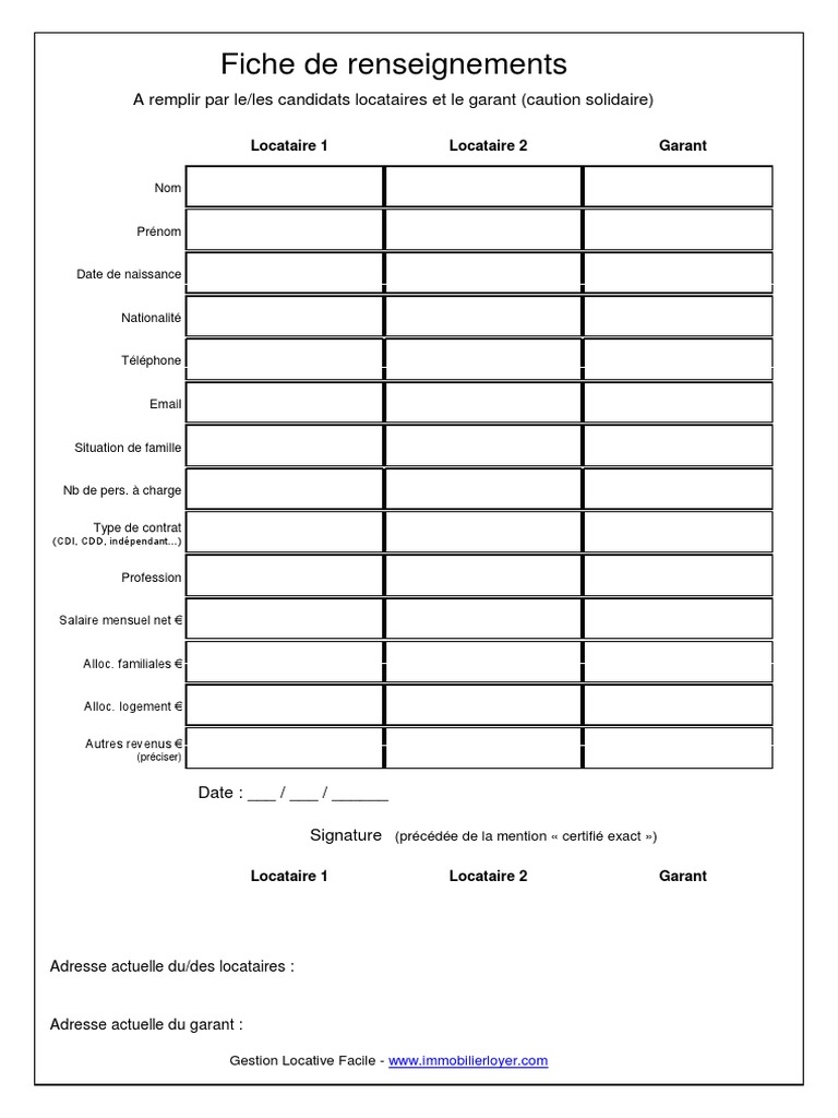 Fiche de Renseignements Locataire | PDF | Salaires | Business