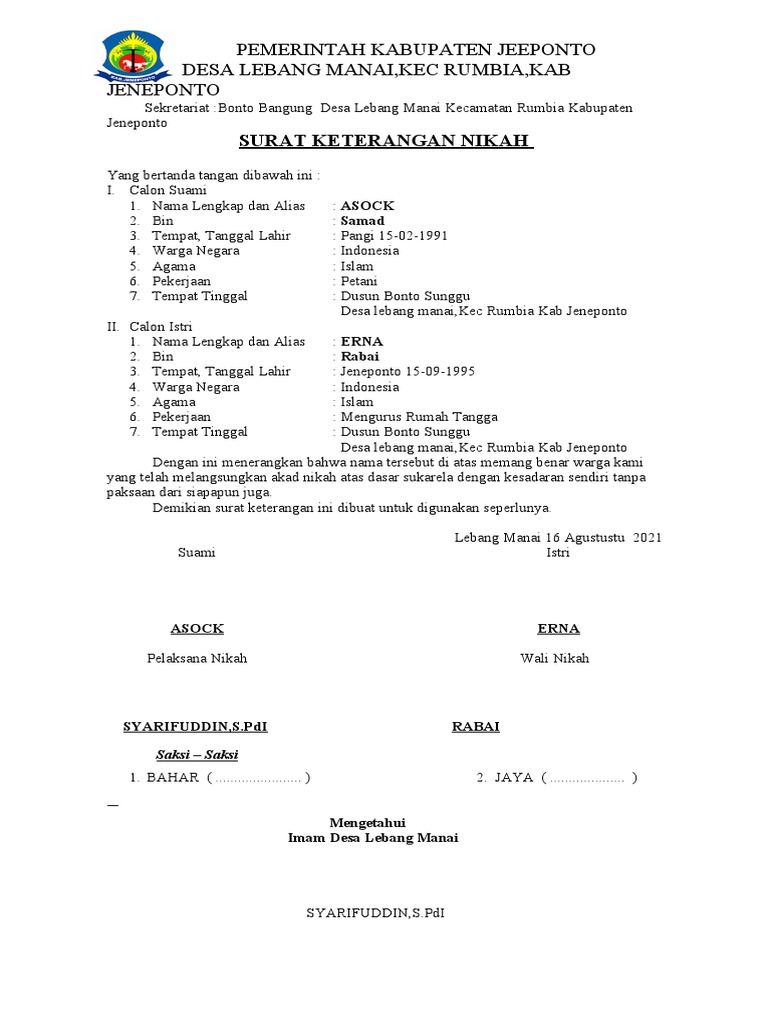 Surat Keterangan Nikah Desa Lebang Manai | PDF