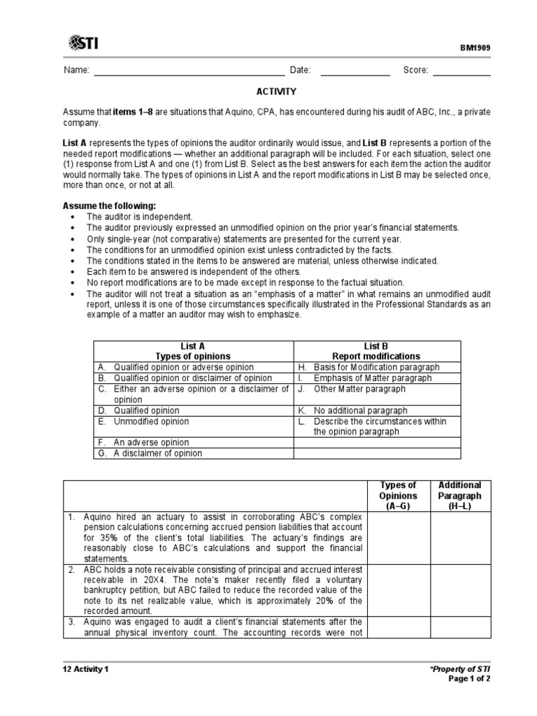 12 Activity 1 | PDF | Financial Audit | Accounting