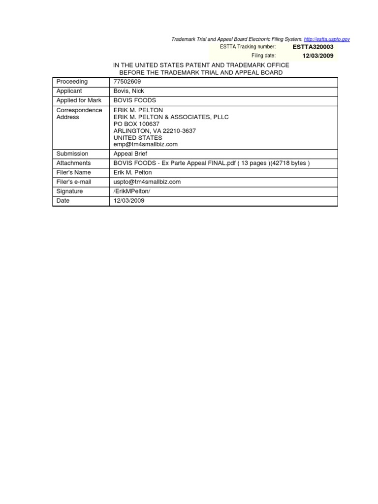 Sample Trademark Trial and Appeal Board (TTAB) Ex Parte Appeal Brief ...