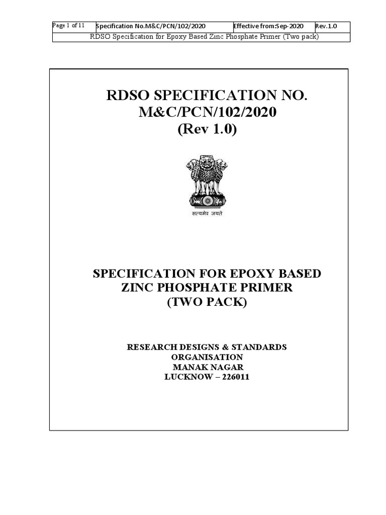 Rdso Specification No. M&C/PCN/102/2020 (Rev 1.0) : Specification For Epoxy Based Zinc Phosphate ...