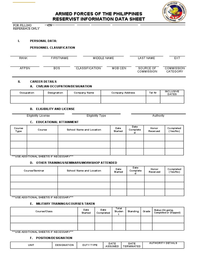 Armed Forces of The Philippines Reservist Information Data Sheet | PDF ...