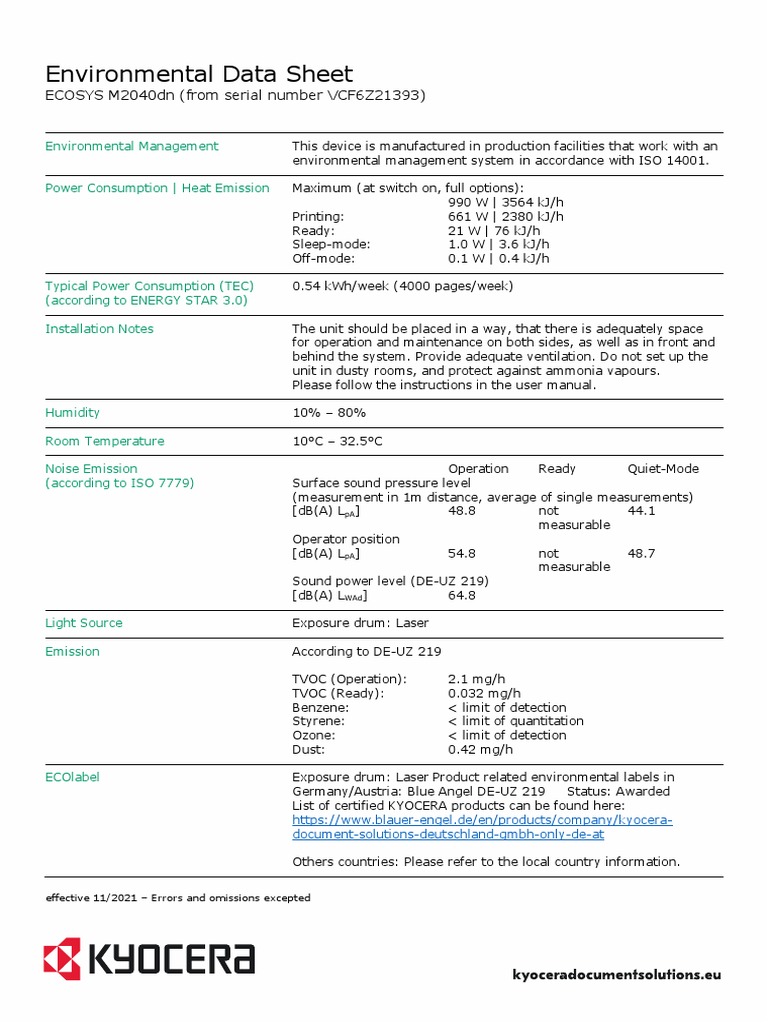 Environmental Data Sheet: ECOSYS M2040dn (From Serial Number VCF6Z21393 ...
