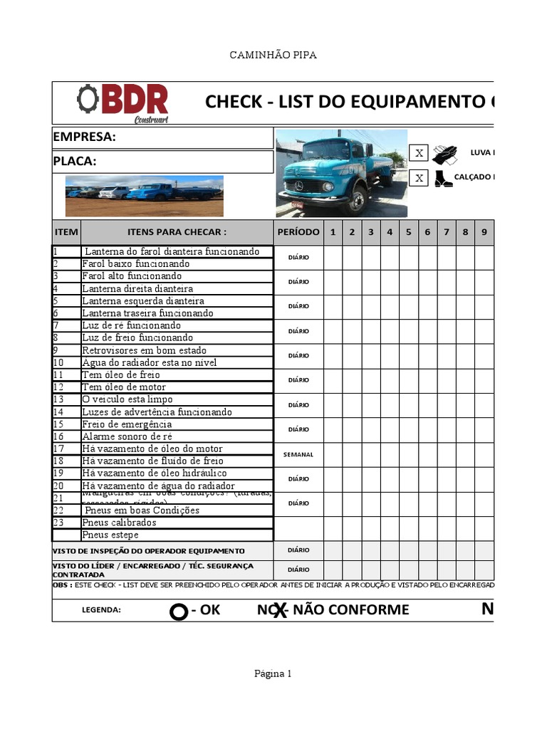 Checklist de segurança para caminhão pipa | PDF