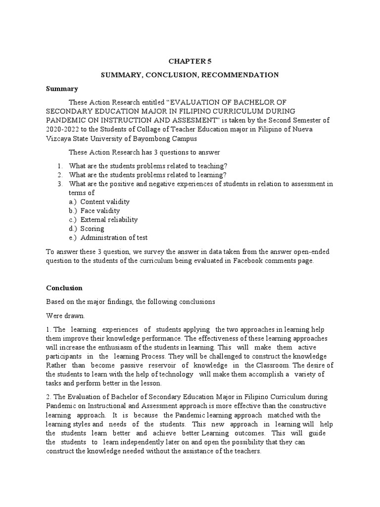 Summary, Conclusion, Recommendation | PDF | Educational Assessment ...