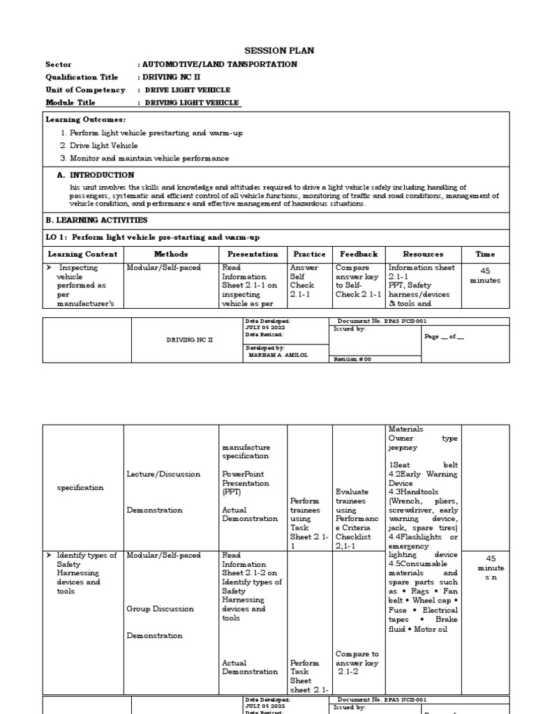 Session Plan: Drive Light Vehicle Driving Light Vehicle | PDF ...