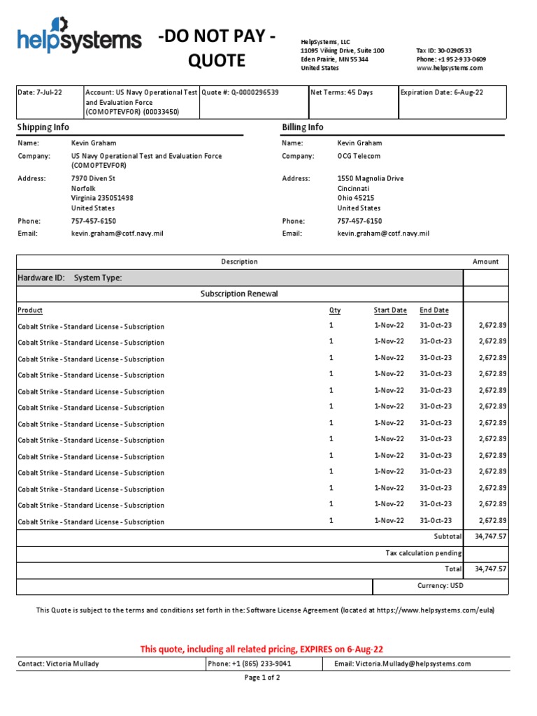 Do Not Pay - Quote: Shipping Info Billing Info | PDF | Business ...