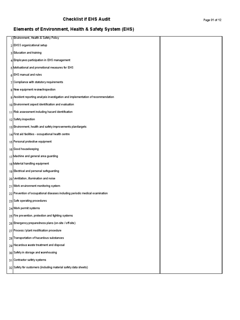 EHS Audit Checklist Elements | PDF | Occupational Safety And Health ...