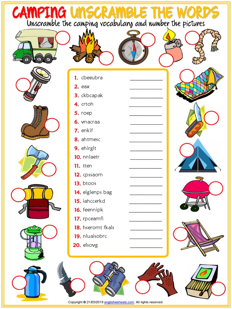 Camping Vocabulary Esl Unscramble The Words Worksheet For Kids | PDF ...