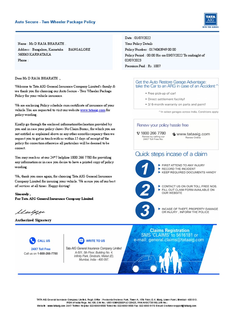 Auto Secure - Two Wheeler Package Policy: Authorized Signatory | PDF ...