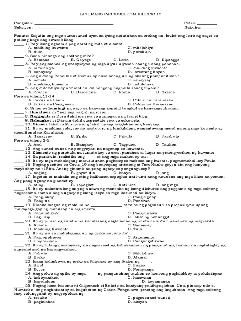 Summative Test in Filipino 10 | PDF