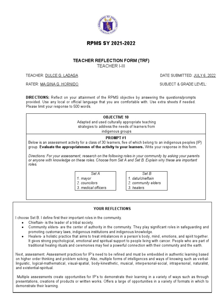 RPMS SY 2021-2022: Teacher Reflection Form (TRF) | Download Free PDF ...