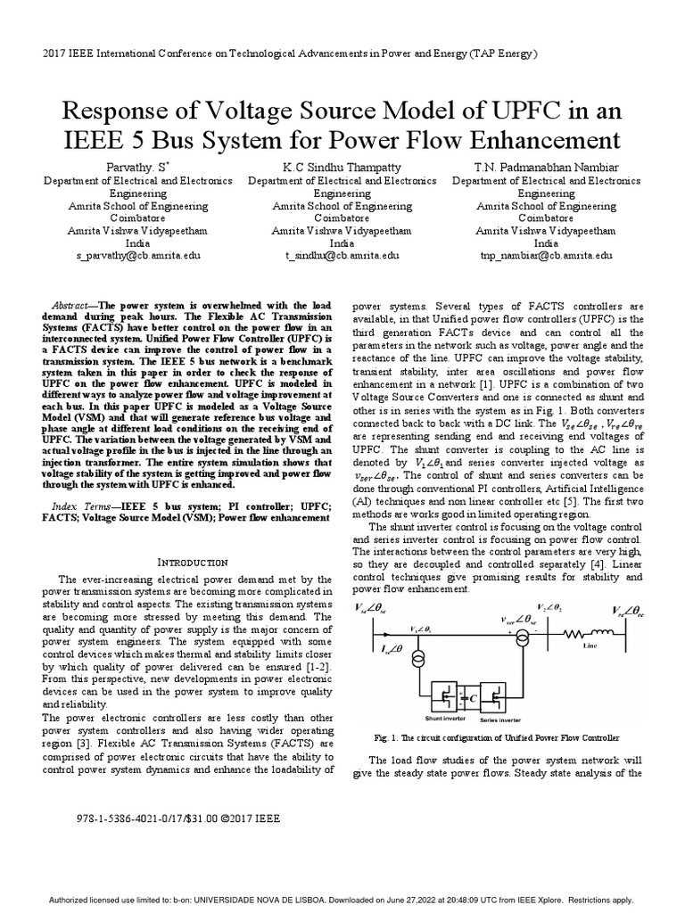 Response of Voltage Source Model of UPFC in An IEEE 5 Bus System For Power Flow Enhancement ...