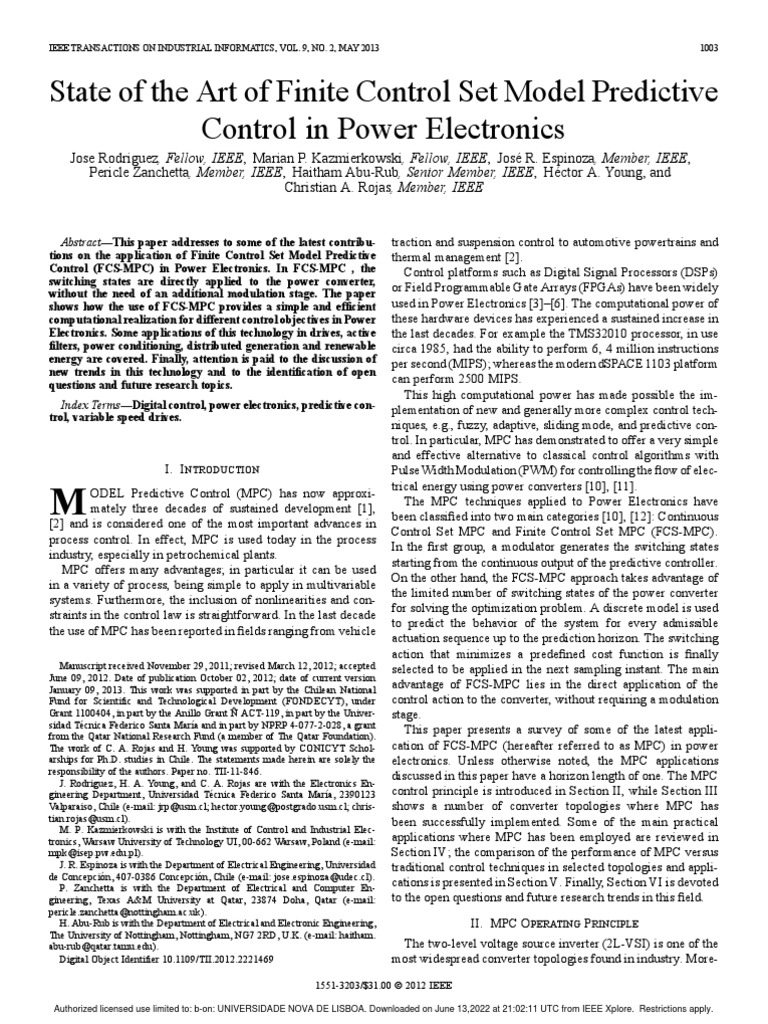 State of The Art of Finite Control Set Model Predictive Control in Power Electronics | PDF ...