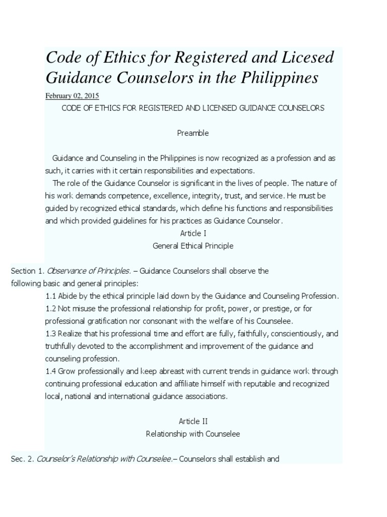 Code of Ethics For Registered and Licensed Guidance Counselors in The ...