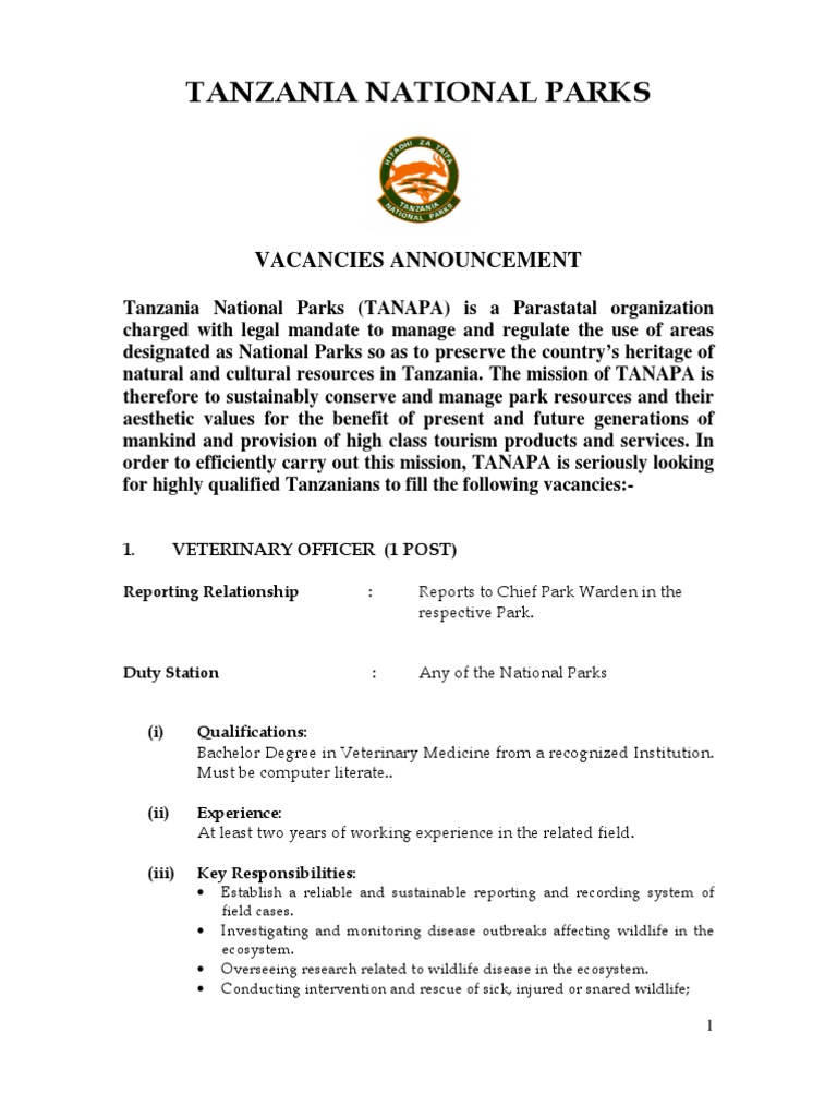 TANAPA Job Openings | PDF | Veterinary Medicine | Tanzania