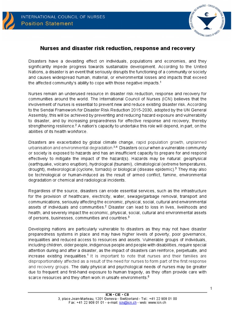 ICN PS Nurses and Disaster Risk Reduction Response and Recovery | PDF ...