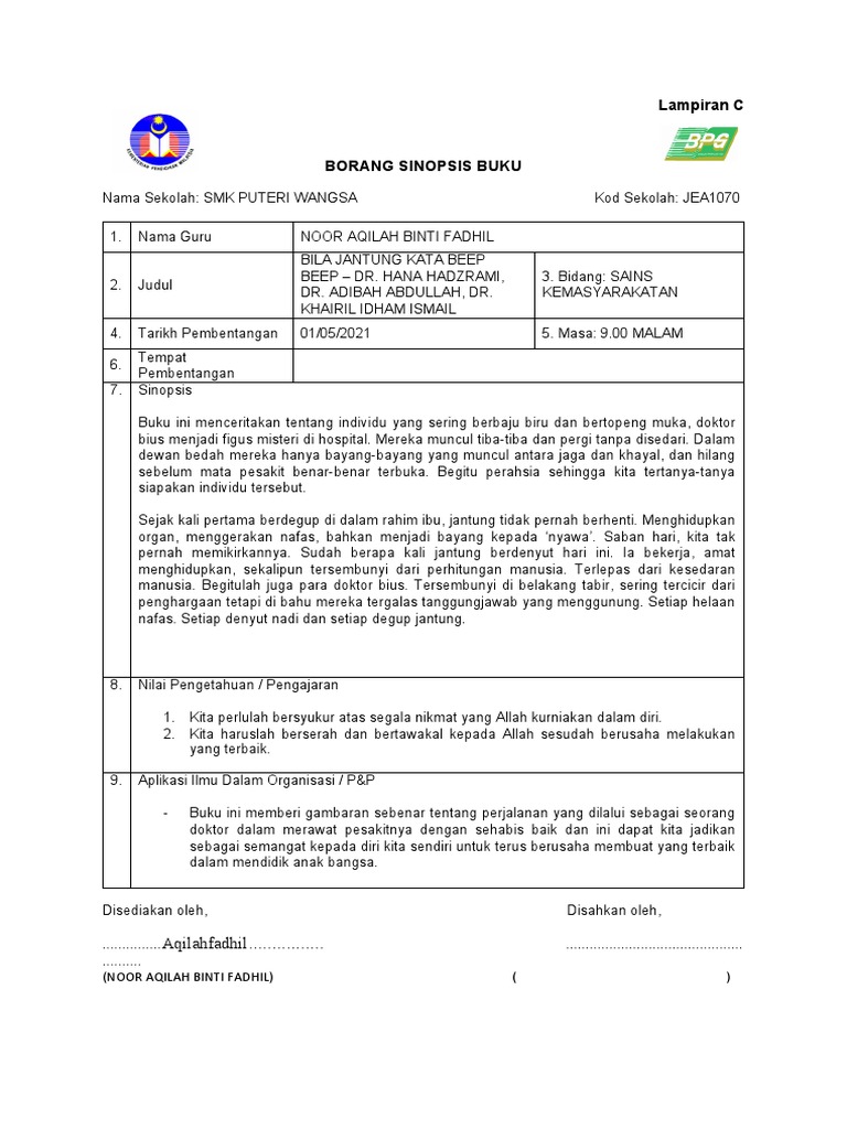 Borang Sinopsis Buku Bila Jantung Kata Beep Beep - Dr. Hana Hadzrami ...
