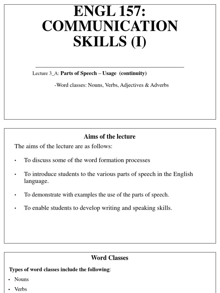 Parts of Speech in Communication Skills | PDF | Adverb | Grammatical Gender