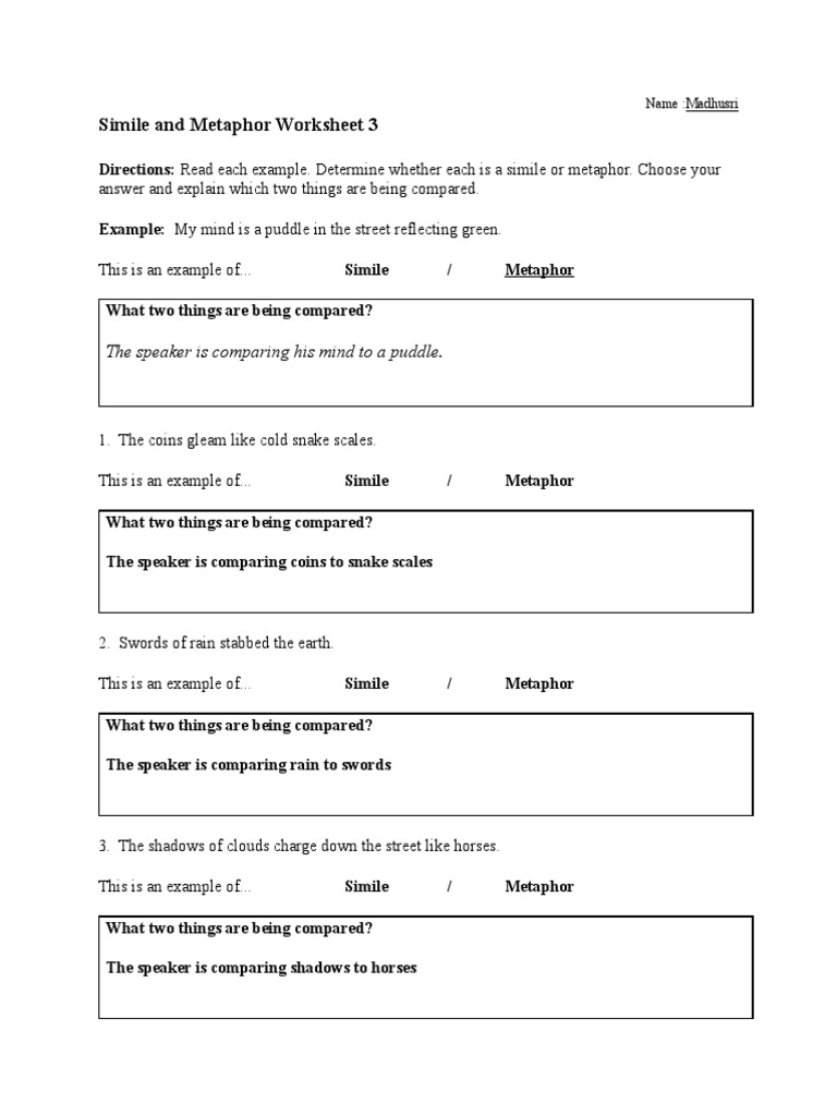 ..Simile and Metaphor Worksheet 03 | PDF | Metaphor | Poetic Devices