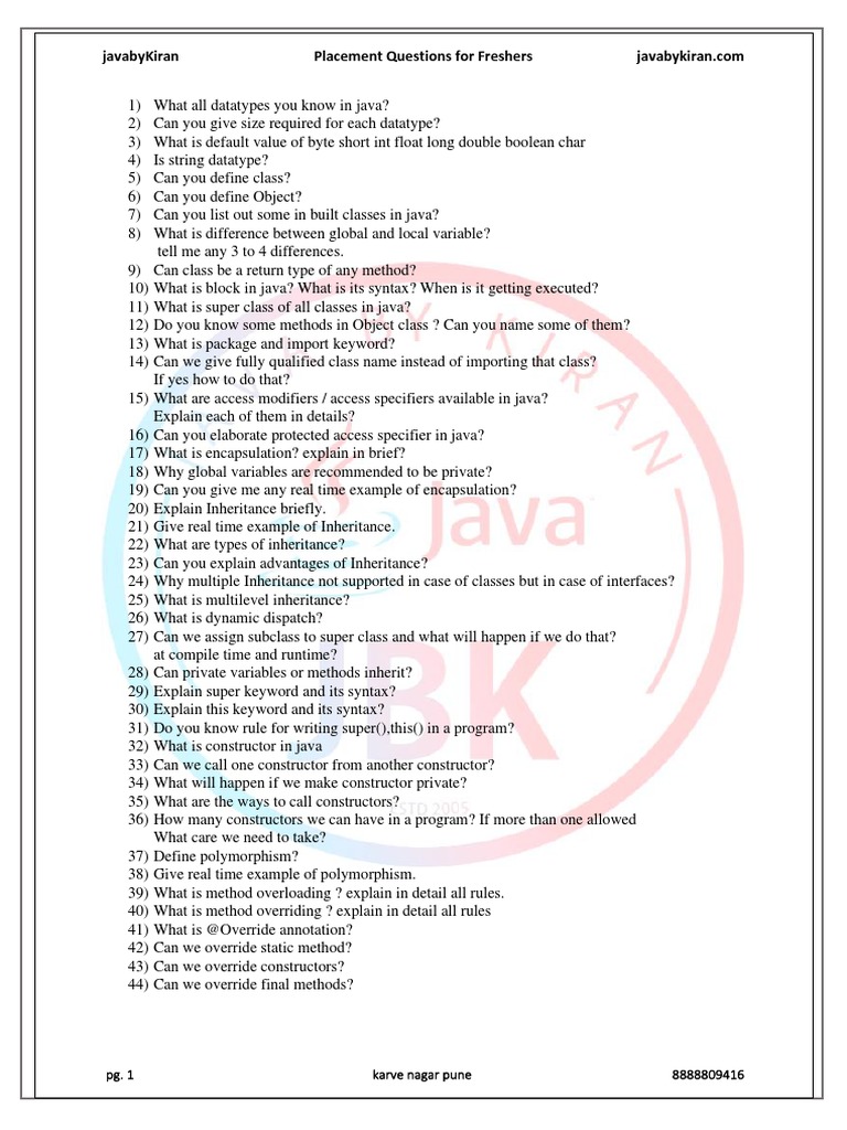Javabykiran Placement Questions For Freshers Pdf Class Computer Programming Method
