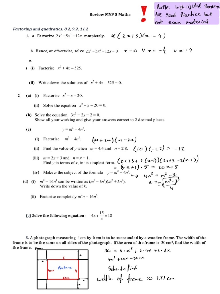 Factoring and Quadratics: 8.2, 9.2, 11.2: Review MYP 5 Maths | PDF ...