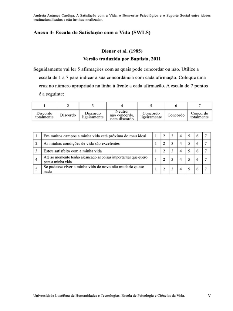 Escala de Satisfação Com A Vida | PDF
