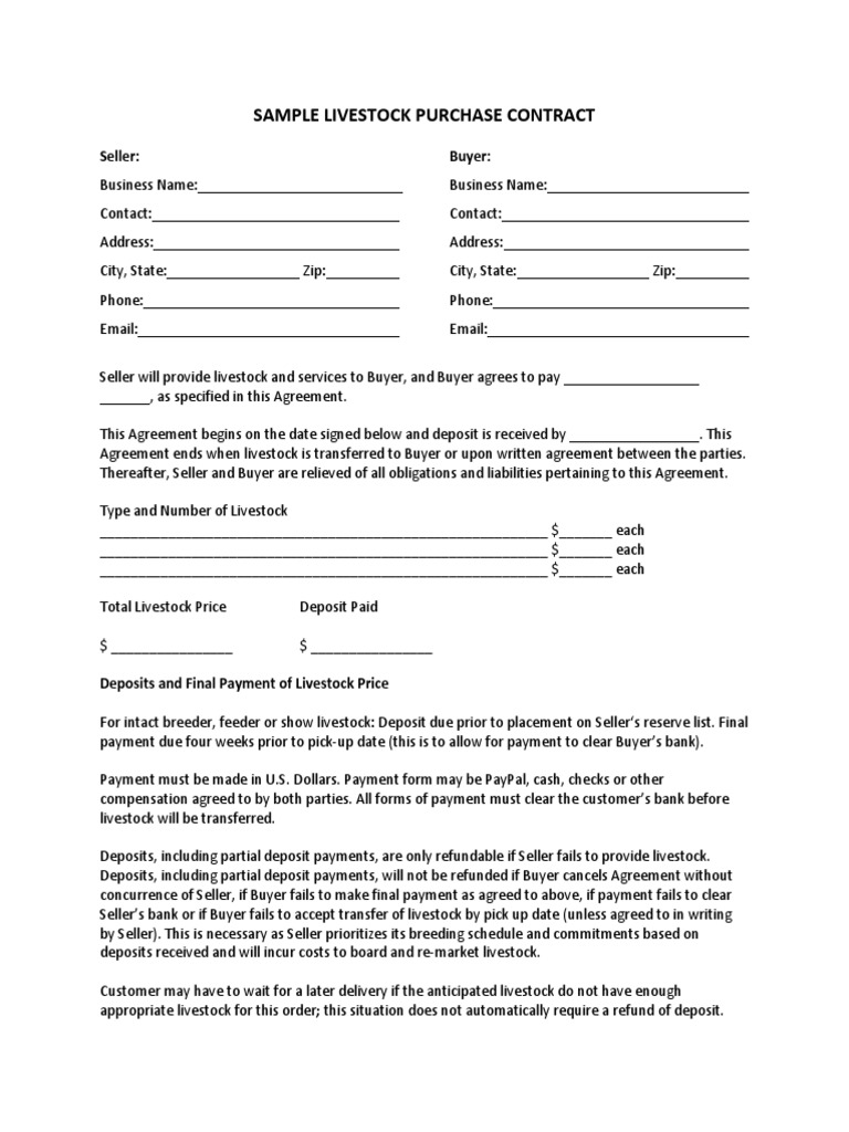 Sample Livestock Purchase Contract: Seller: Buyer | PDF | Payments ...