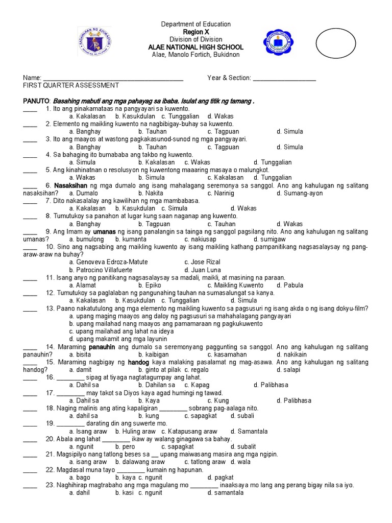 Filipino First Quarter Exam 2021 | PDF