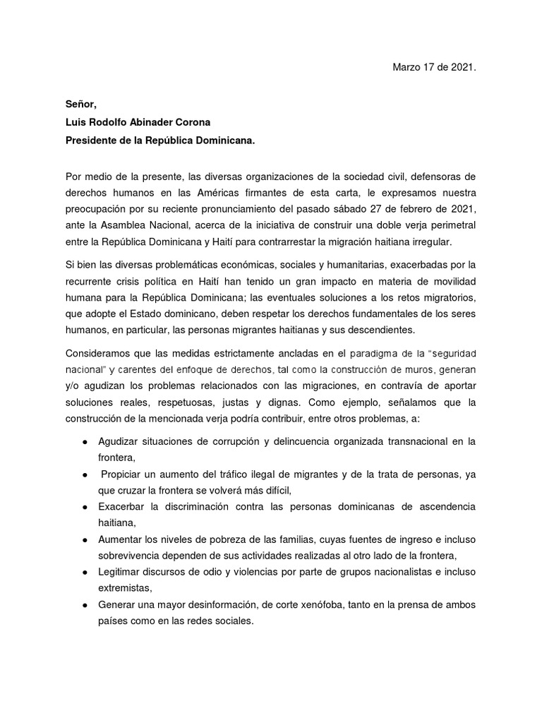 Carta Dirigida Al Presidente de R. Dominicana 76 | PDF | Migración ...