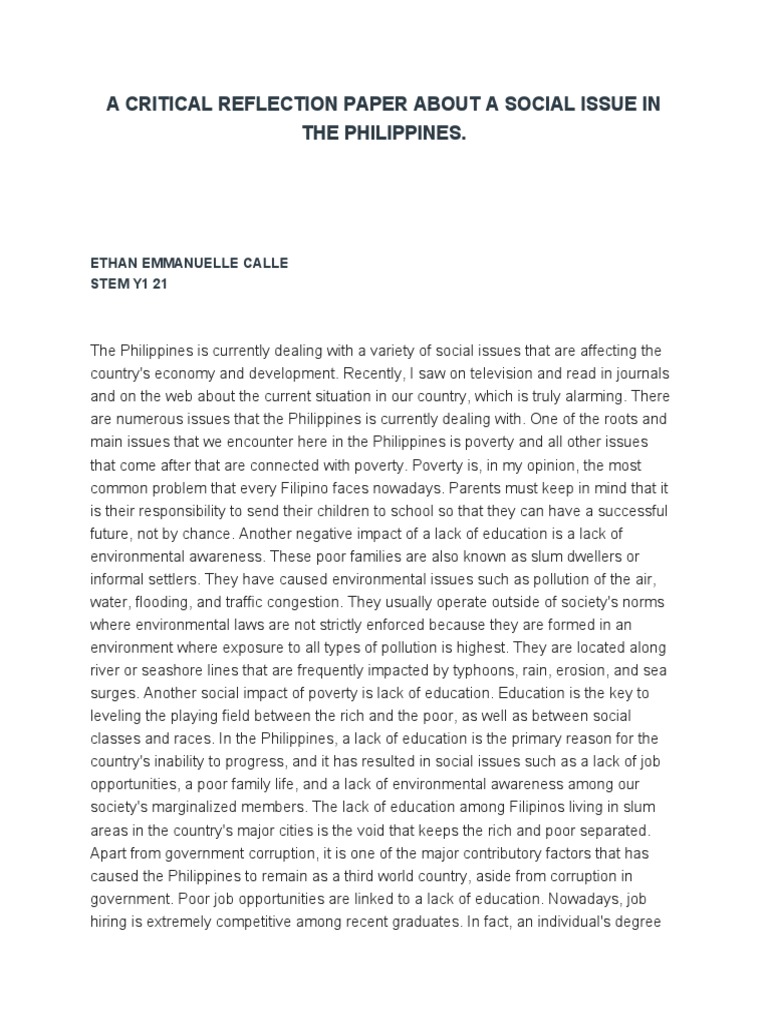 A Critical Reflection Paper About A Social Issue in The Philippines ...