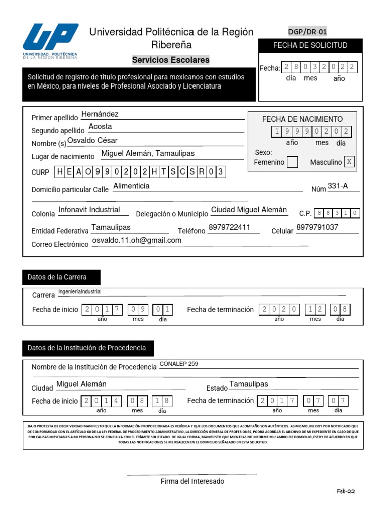 FORMATO DGP DR 01 Gen 17 Formulario | PDF