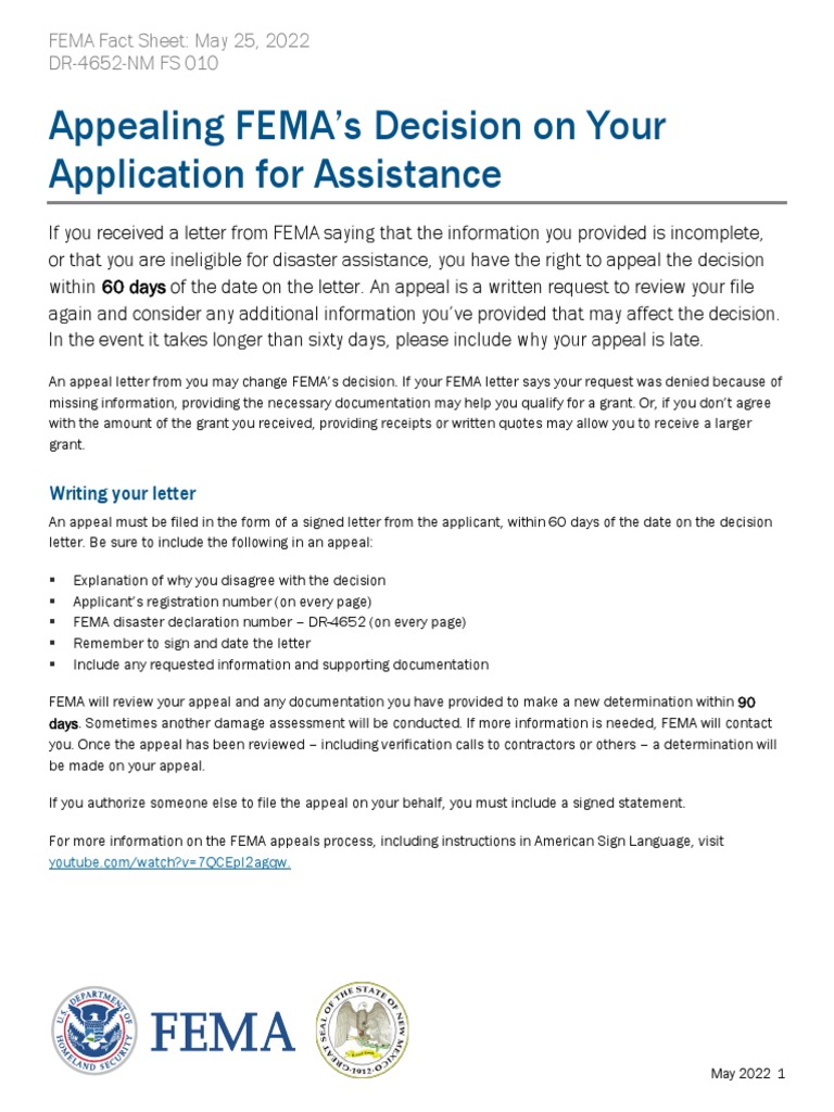 Appealing FEMAs Decision On Your Application For Assistance | PDF