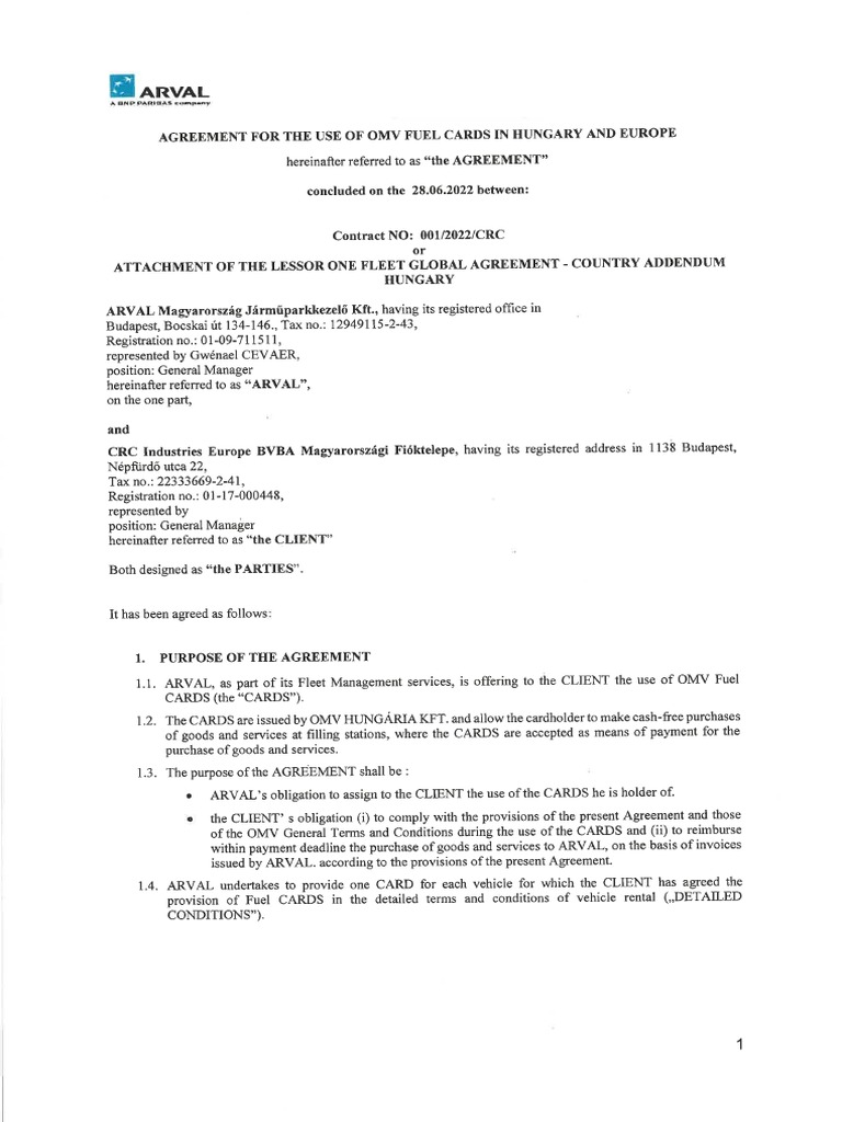 ARVAL-CRC - OMV Fuel Contract-Hungary-English-20220628 | PDF
