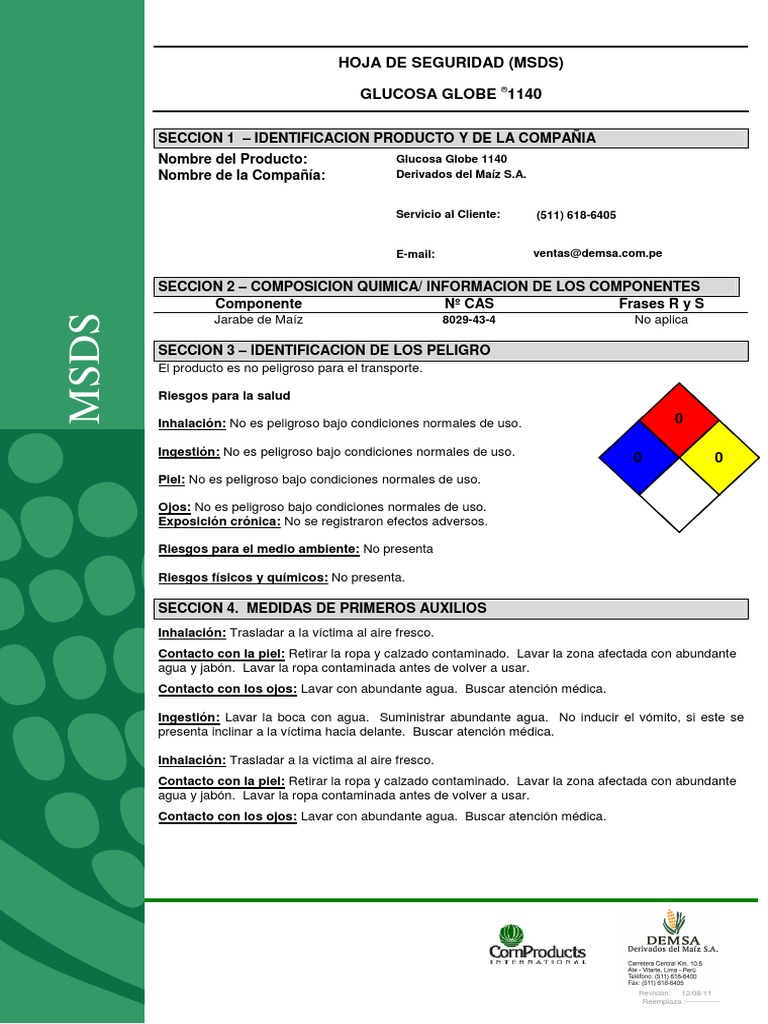 Glucosa 1140 - MSDS | PDF | Agua | Dióxido de carbono