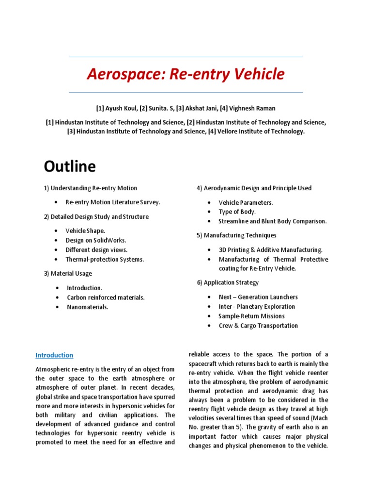 Aerospace: Re-Entry Vehicle: Outline | PDF | Atmospheric Entry | Lift ...