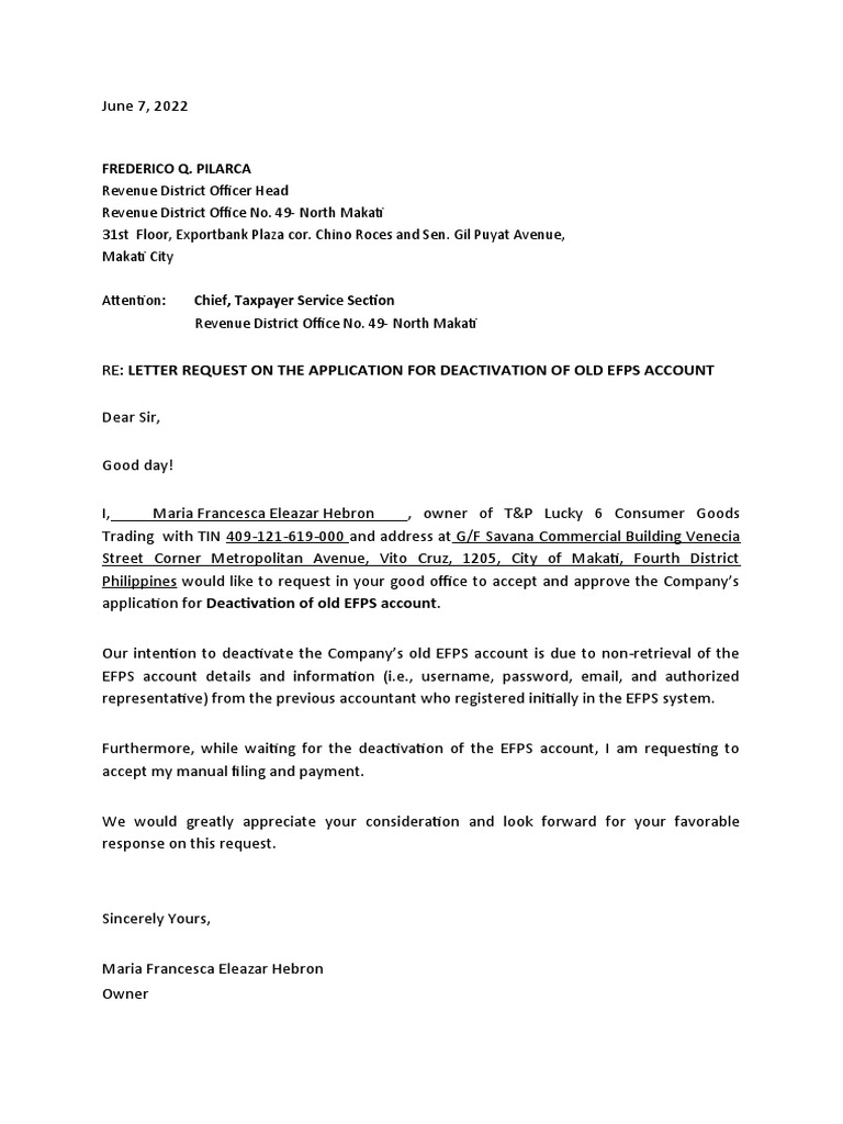 Letter of Request For Deactivation | PDF